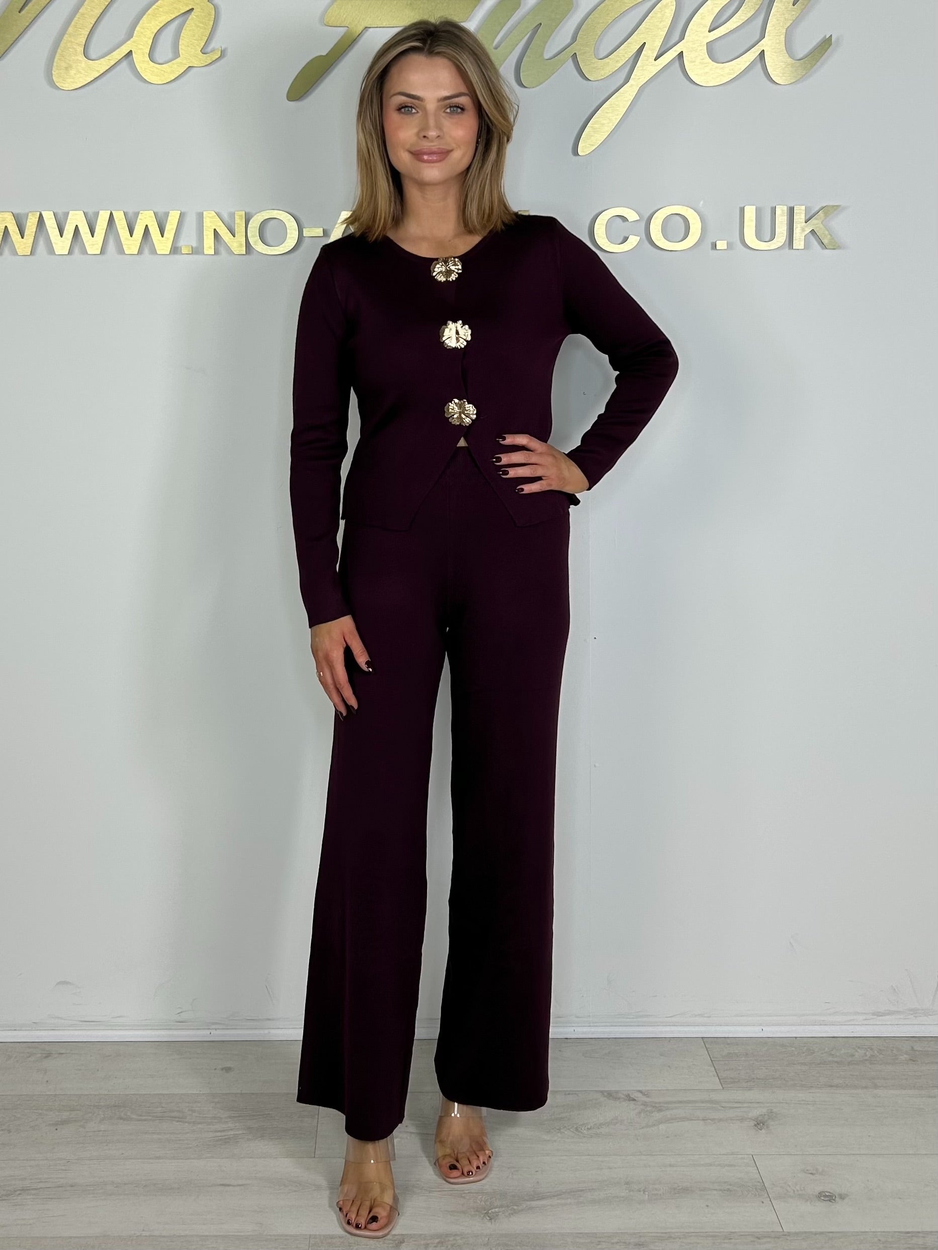 Plum Gold Clover Hardware Detail Long Sleeve Knit Co-Ord – No Angel ...