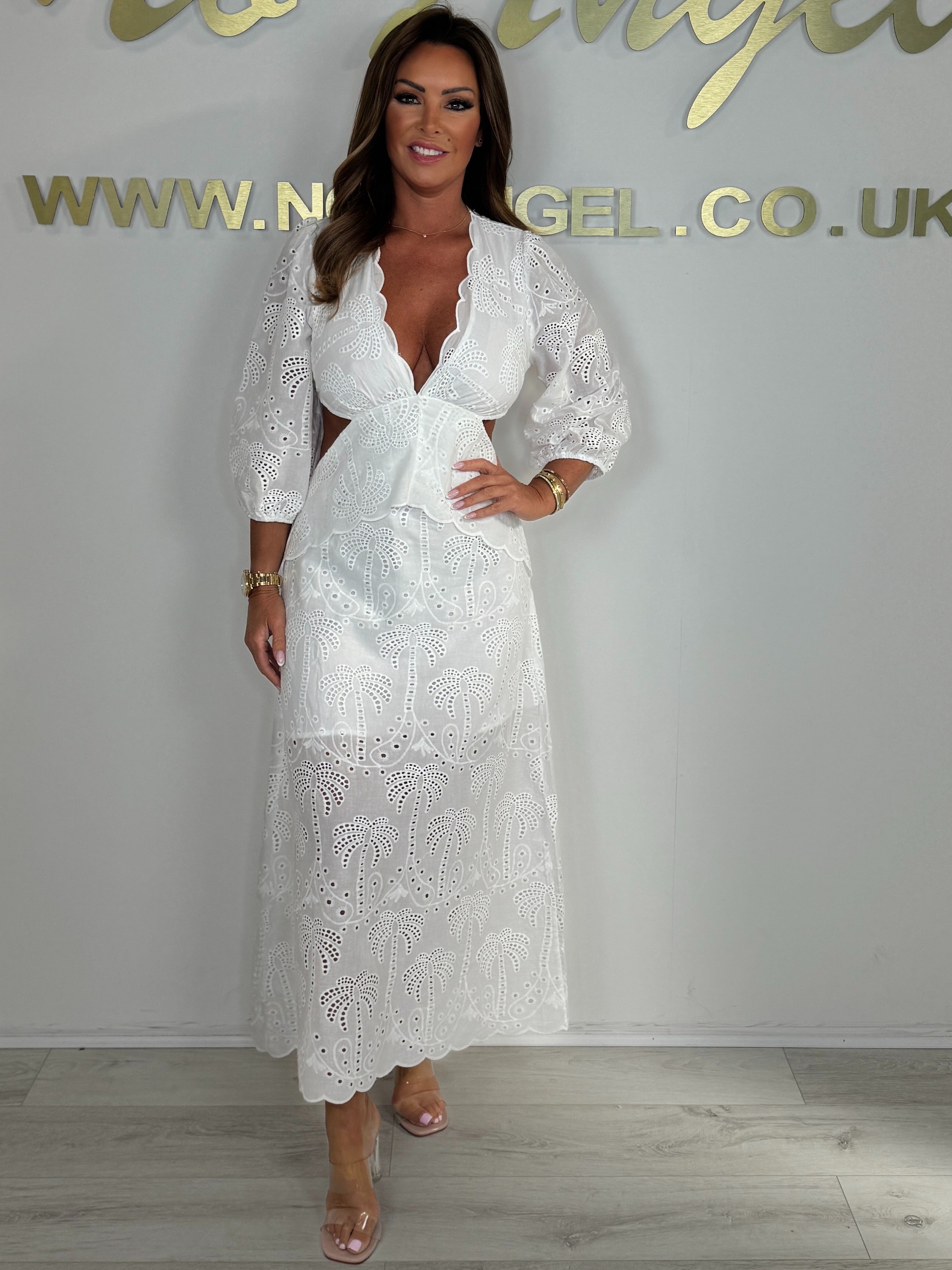 White Deep V Cut Out Laser Cut Midi Dress – No Angel Clothing